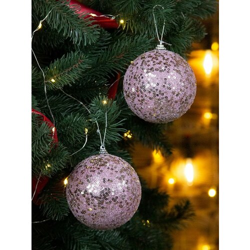 Новогодние шары на елку 10см 2шт "Розовый с пайетками"