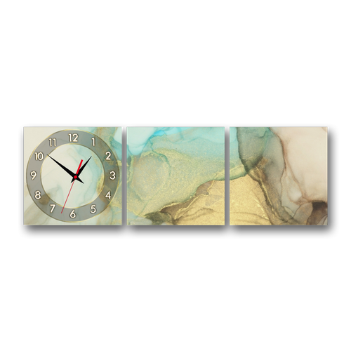Часы настенные на стекле | Diva Kartina | Абстракция мрамор. Зеленый дым | 120X40 см | Немецкий механизм