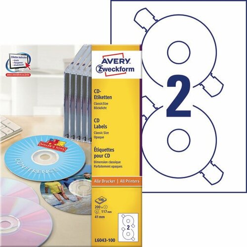 Этикетки Avery Zweckform [L6043-25] для CD (глянцевые, белые, Ø117 мм, 50 шт, 25 листов, классический размер)