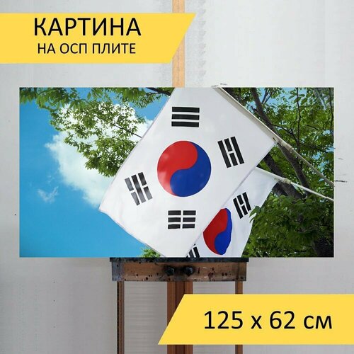 Картина на ОСП 125х62 см. "Корейский флаг, флаг южной кореи, корея" горизонтальная, для интерьера, с креплениями