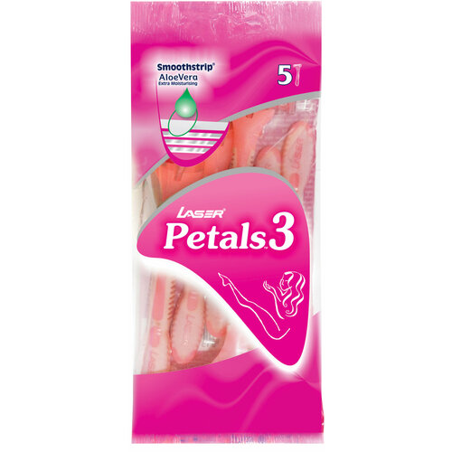 LASER Petals 3 Бритва женская одноразовая безопасная для бикини, лица, ног, подмышек, станок для бритья с 3 лезвиями, с Алоэ и витамином Е, 5 шт.