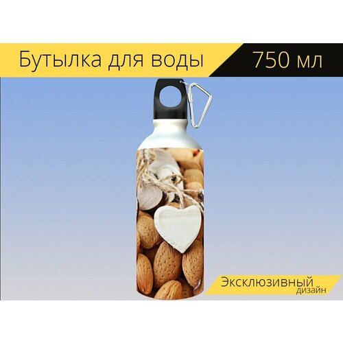 Бутылка фляга для воды "Миндаль, сырой миндаль, бадам" 750 мл. с карабином и принтом