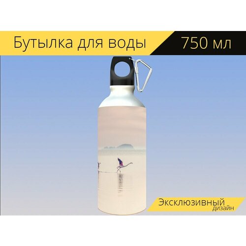 Бутылка фляга для воды "Морской пейзаж, фламинго, лагуна" 750 мл. с карабином и принтом