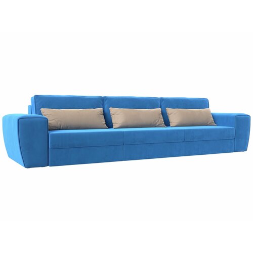 Прямой диван-кровать Лига-008 Long, Велюр голубой, бежевый
