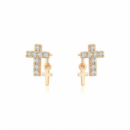 Серьги пусеты XUPING JEWELRY Серьги-крестики с подвеской-крестиком, циркон, размер/диаметр 10 мм, золотой