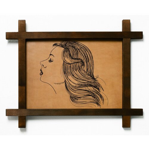 Картина Девушка с развевающимися волосами, гравировка на натуральной коже, в деревянной раме, подарок, BoomGift