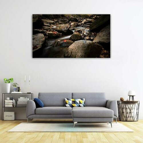 Картина на холсте 60x110 LinxOne "Вода осень листья ручей камни" интерьерная для дома / на стену / на кухню / с подрамником