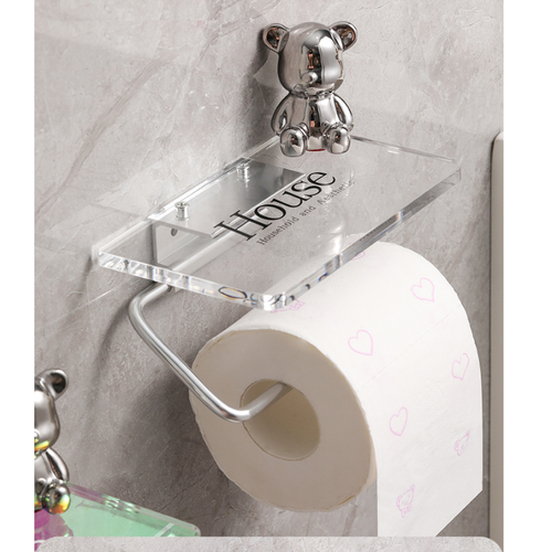Держатель для туалетной бумаги с полочкой MyPads для диффузора или телефона, настенный диспенсер-органайзер в ванную, серебро маленький мишка, пода.