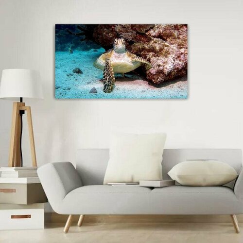 Картина на холсте 60x110 LinxOne "Черепаха камень дно коралл вода" интерьерная для дома / на стену / на кухню / с подрамником