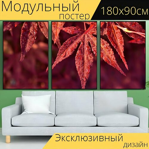 Модульный постер "Кленовые листья, красный клен, красный" 180 x 90 см. для интерьера