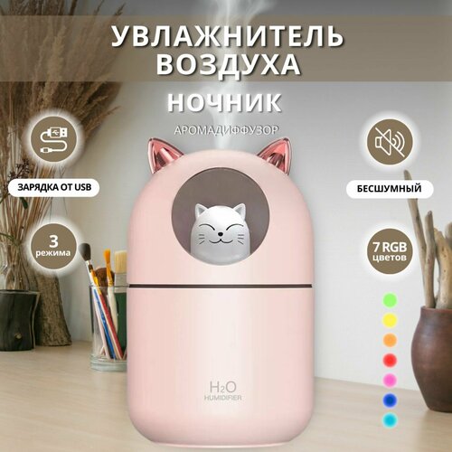 Увлажнитель воздуха, LED светильник ночник, Увлажнитель Cat (кошка) Розовый (Pink)