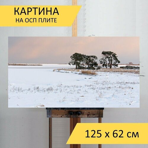 Картина на ОСП 125х62 см. "Снег, зима, зимний пейзаж" горизонтальная, для интерьера, с креплениями