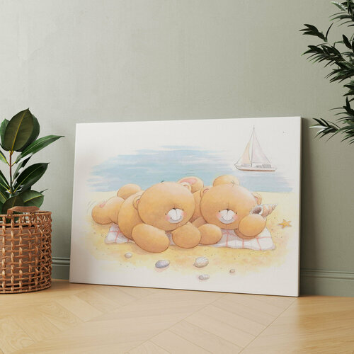 Детский постер на холсте (Зверушки, мишки на пляже, акварель, рисунок) 40 60 см/для интерьера/на стену/в комнату/в подарок/в детскую