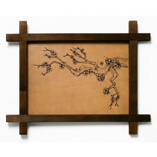 Картина Ветвь сакуры, гравировка на натуральной коже, интерьерная для украшения и декора на стену в деревянной раме, подарок, BoomGift
