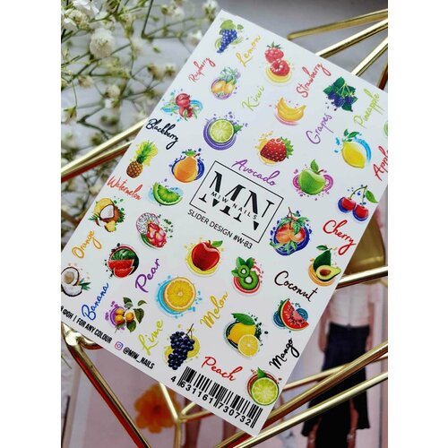 MIW Nails "Слайдеры для ногтей" водные наклейки для дизайна #W-83 цветной фрукты, ягоды