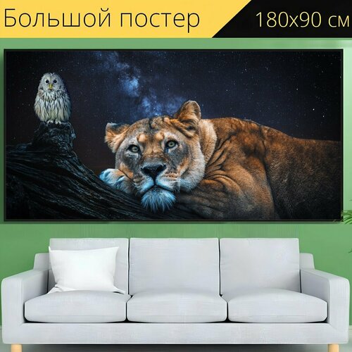 Большой постер "Лев, сова, ночь" 180 x 90 см. для интерьера