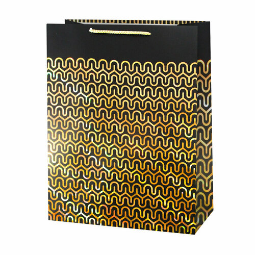 Пакет подарочный, Золотой узор на черном, Дизайн №4, Металлик, 32*26*10 см, 1 шт.