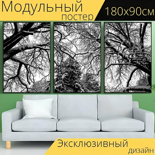 Модульный постер "Деревья, ветви, снег" 180 x 90 см. для интерьера