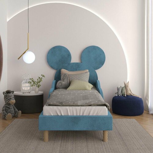 Детская кровать мягкая с ушками и бортиками Микки 80x200 цвет Синий
