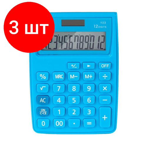 Комплект 3 штук, Калькулятор карманный Deli E1122, 12-р, дв. пит, 120х86мм, голубой