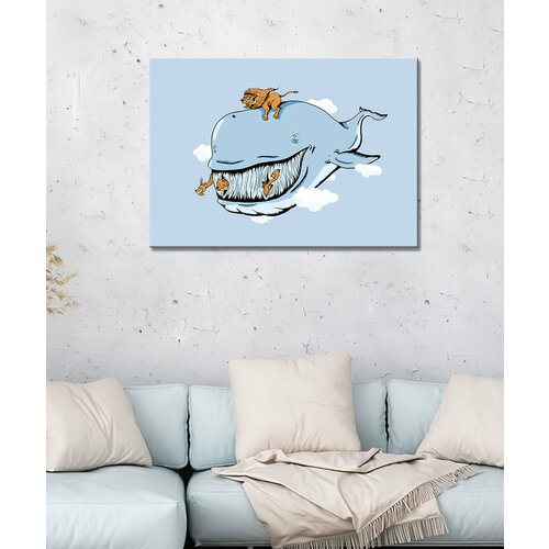 Картина - кит, арт, минимализм, кит на голубом фоне, большой кит, кит держит животных (10) 50х70