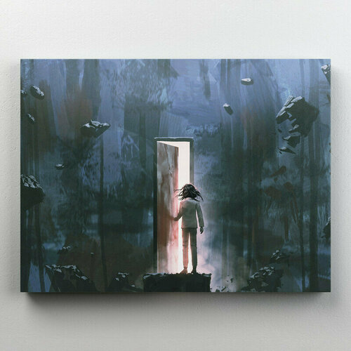 Интерьерная картина на холсте "Ребенок открывает загадочную дверь в темном лесу" размер 30x22 см