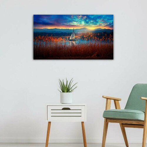 Картина на холсте 60x110 LinxOne "Яхта озеро вечер" интерьерная для дома / на стену / на кухню / с подрамником