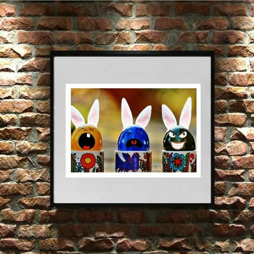 Постер "Разноцветные яйца в кружках с ушками" от Cool Eshe из коллекции "Креатив", плакат на стену А4