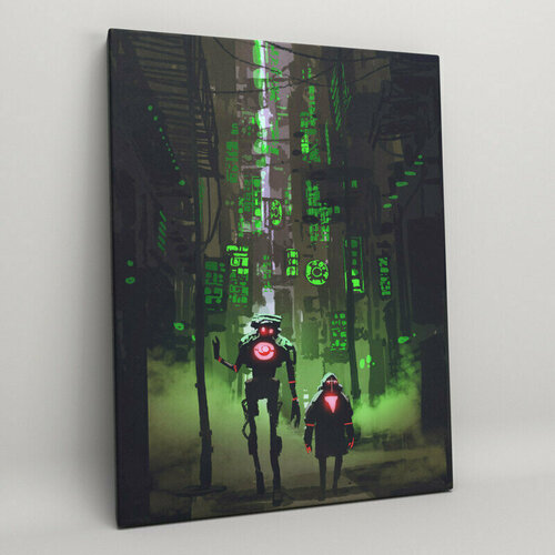 Картина на холсте (интерьерный постер) "Роботы гуляют в свете неоновых вывесок", с деревянным подрамником, размер 30x40 см