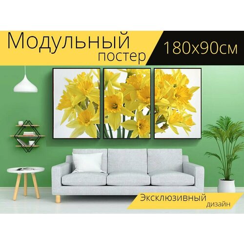 Модульный постер "Нарциссы, букет, весна" 180 x 90 см. для интерьера