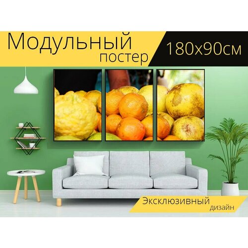 Модульный постер "Апельсин, лимон, фрукты" 180 x 90 см. для интерьера