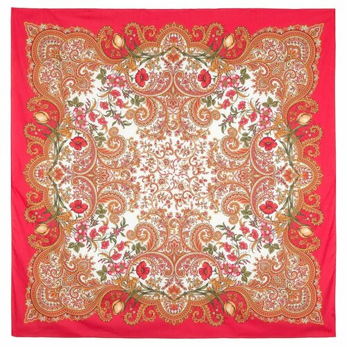 Платок Павловопосадская платочная мануфактура,146х146 см, красный, белый