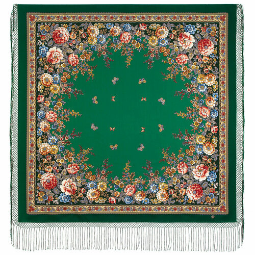 Платок Павловопосадская платочная мануфактура,148х148 см, коралловый, зеленый
