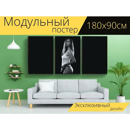 Модульный постер "Мода, девушка в майке, черный фон" 180 x 90 см. для интерьера