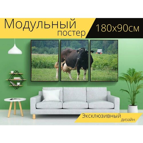 Модульный постер "Корова, коровы, молоко" 180 x 90 см. для интерьера