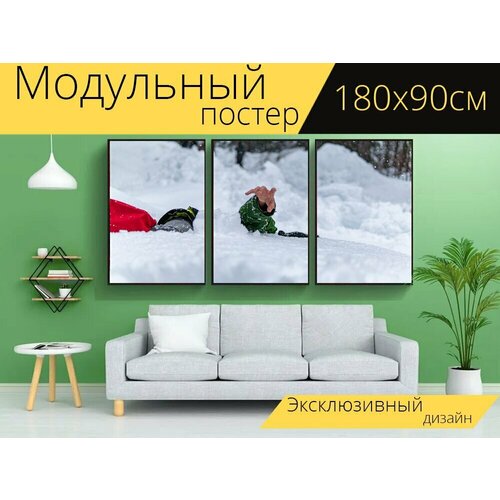 Модульный постер "Мальчик, снег, играющий" 180 x 90 см. для интерьера