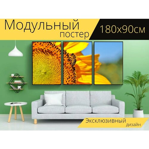 Модульный постер "Подсолнух, цветок, пчелы" 180 x 90 см. для интерьера