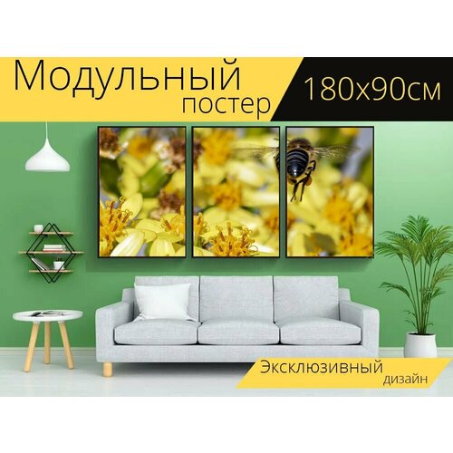 Модульный постер "Цветы, пчела, насекомые" 180 x 90 см. для интерьера