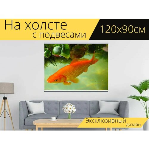Картина на холсте "Золотая рыбка, рыбы, плавать" с подвесами 120х90 см. для интерьера