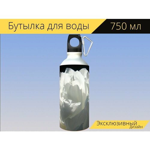Бутылка фляга для воды "Пион, цветок, белый" 750 мл. с карабином и принтом