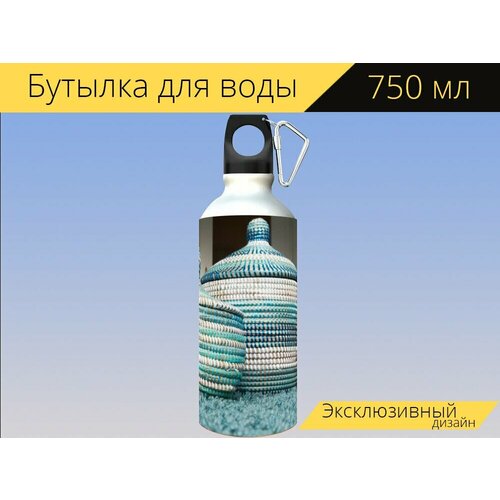 Бутылка фляга для воды "Корзина, бирюзовый, белый" 750 мл. с карабином и принтом