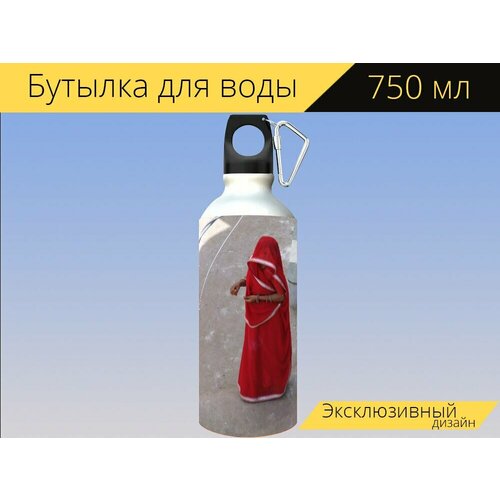 Бутылка фляга для воды "Индийский, женщина, сари" 750 мл. с карабином и принтом