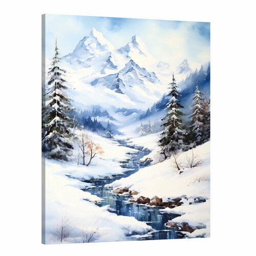 Интерьерная картина 50х70 "Горы в заснеженных вершинах: зимняя идиллия"