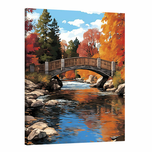 Интерьерная картина 50х70 "Пейзаж с каменным мостом и осенними деревьями"