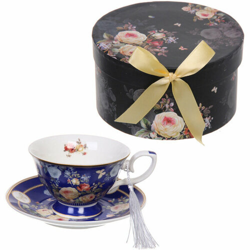 Чайная пара керамическая «Грация» (кружка 220мл+блюдце) в подарочной коробке, синяя