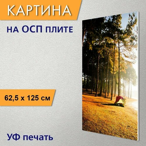 Вертикальная картина на ОСП "Отдых на природе, лес, палатка" 62x125 см. для интерьериа