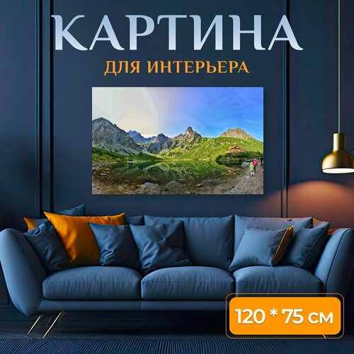 Картина на холсте "Озеро, горы, панорама" на подрамнике 120х75 см. для интерьера