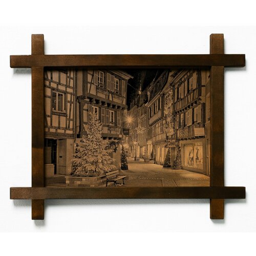 Картина Новогодняя улица 2, гравировка на натуральной коже, интерьерная для украшения и декора на стену в деревянной раме, подарок, BoomGift