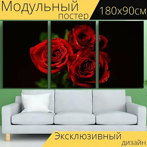 Модульный постер "Роза, красная, романтические" 180 x 90 см. для интерьера
