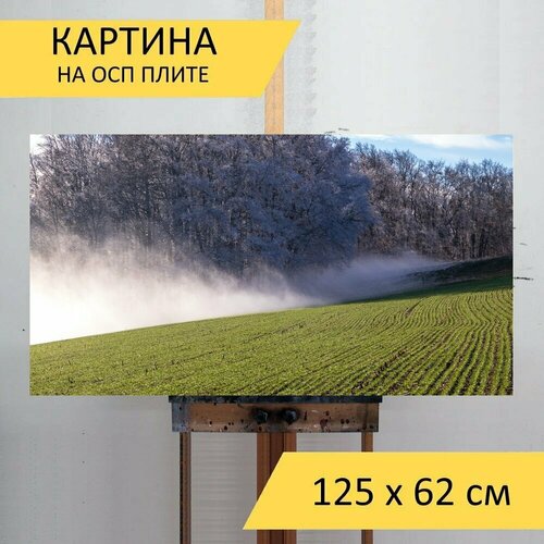 Картина на ОСП 125х62 см. "Туман, луг, свет" горизонтальная, для интерьера, с креплениями